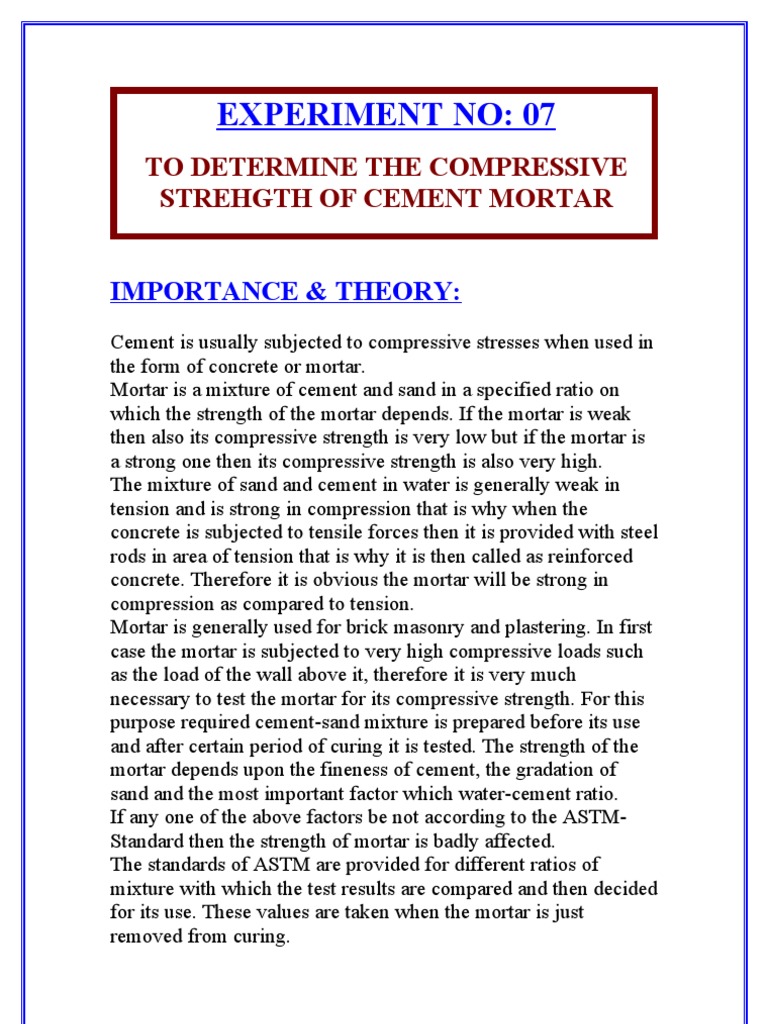 Compressive Strength of Cement Mortar | PDF | Mortar (Masonry) | Concrete