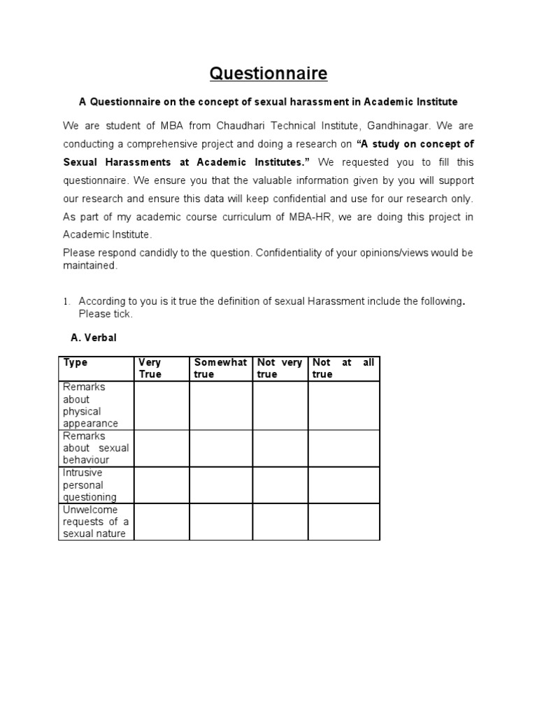 A Questionnaire on Sexual Harassment at Academic Institute | Sexual ...