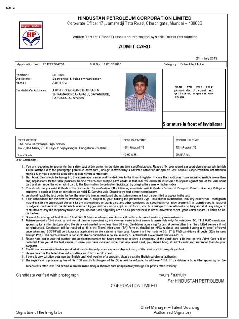 HPCL Admit Card | PDF | Identity Document | Question