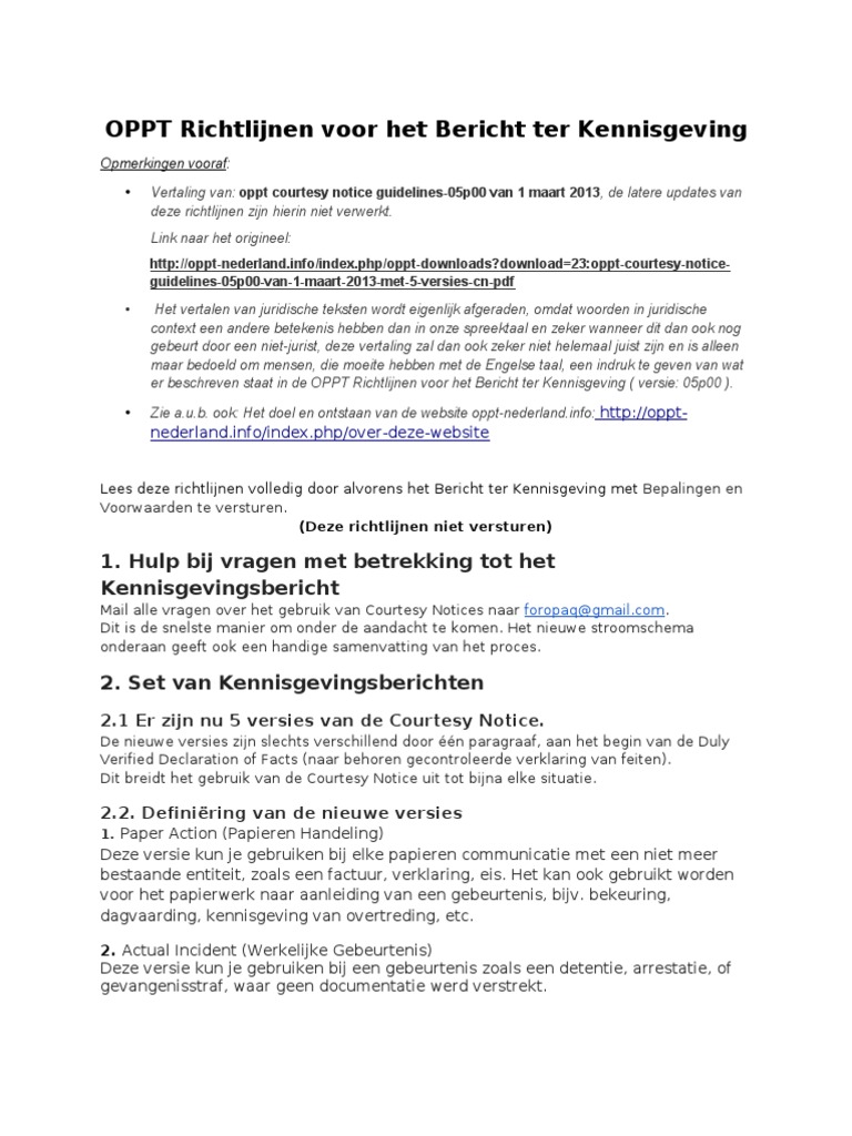 OPPT Richtlijnen Voor Het Bericht Ter Kennisgeving (Vertaling Van OPPT ...