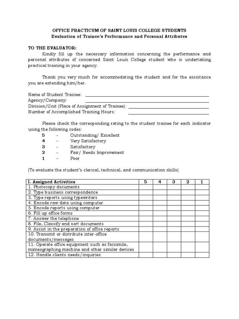 Saint Louis College Trainee Evaluation Form | PDF