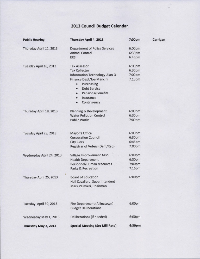 2013 Council Budget Hearing Schedule | PDF