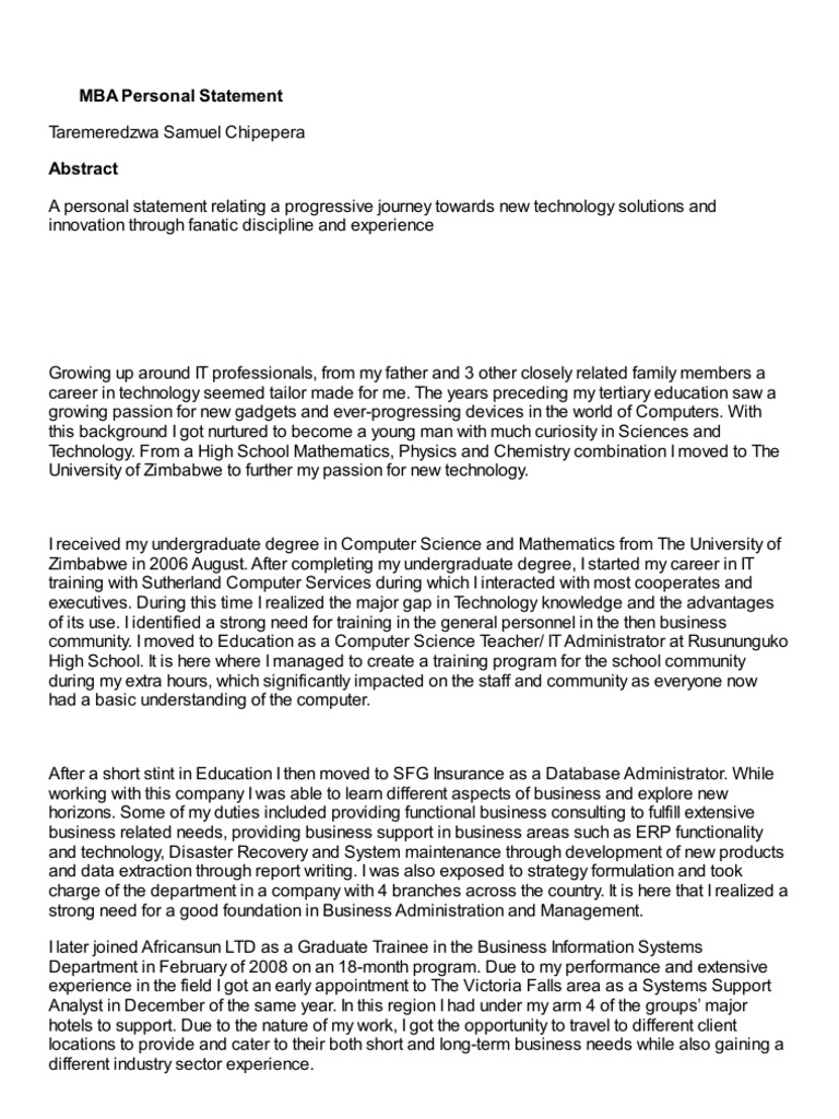MBA Personal Statement: Career in Tech | PDF | Business Intelligence ...