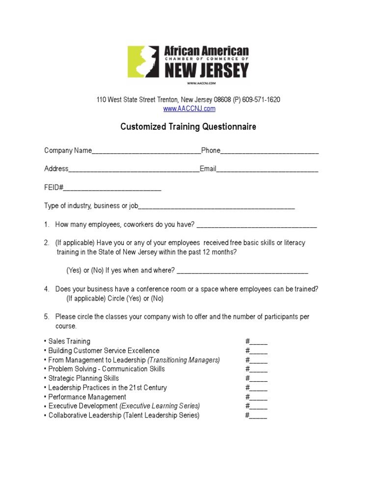 Customized Training Questionnaire: 110 West State Street Trenton, New ...