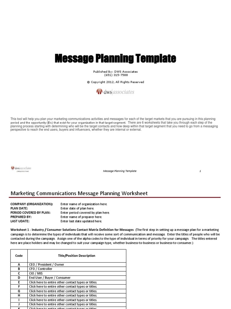 Message Planning Template: Published By: DWS Associates (651) 315-7588 ...