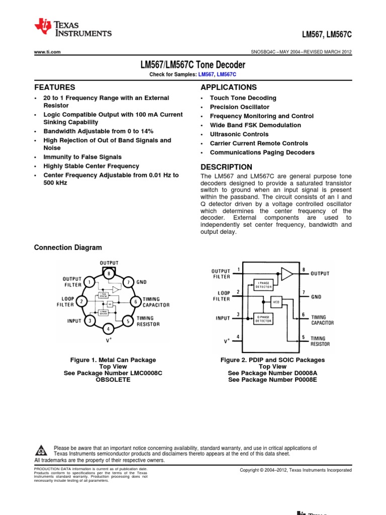 LM567/LM567C Tone Decoder: Features Applications | PDF | Power Supply | Electronics