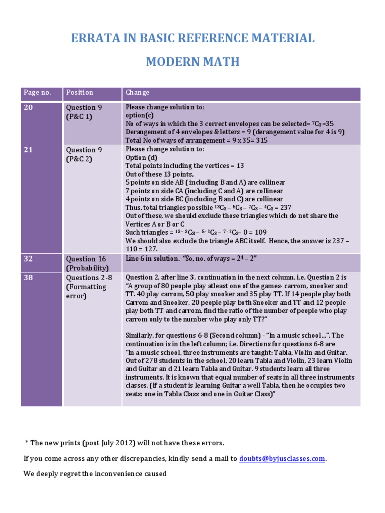Errata in Basic Reference Material Modern Math | PDF | Geometry | Teaching Mathematics