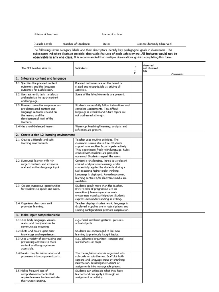 Observation Checklist | Reading Comprehension | Learning