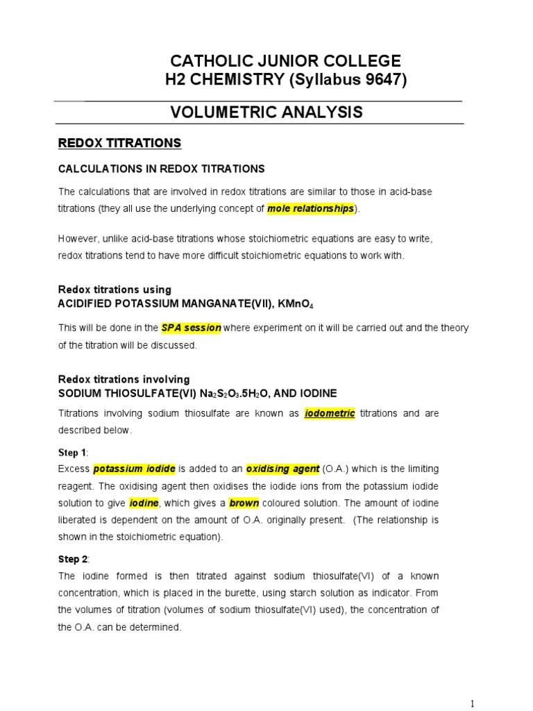 2013 H2 Redox Titration (Iodometric Titration) Teachers' | PDF ...
