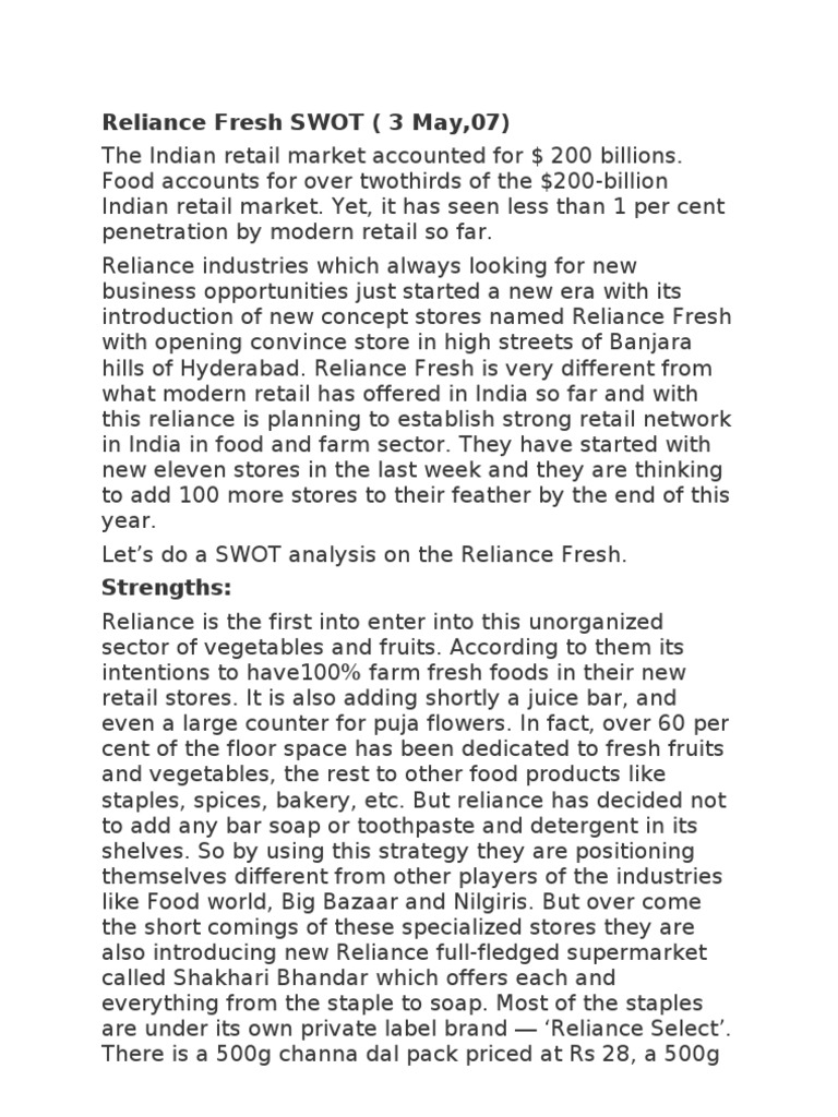 Reliance Fresh SWOT | PDF | Online Shopping | Retail