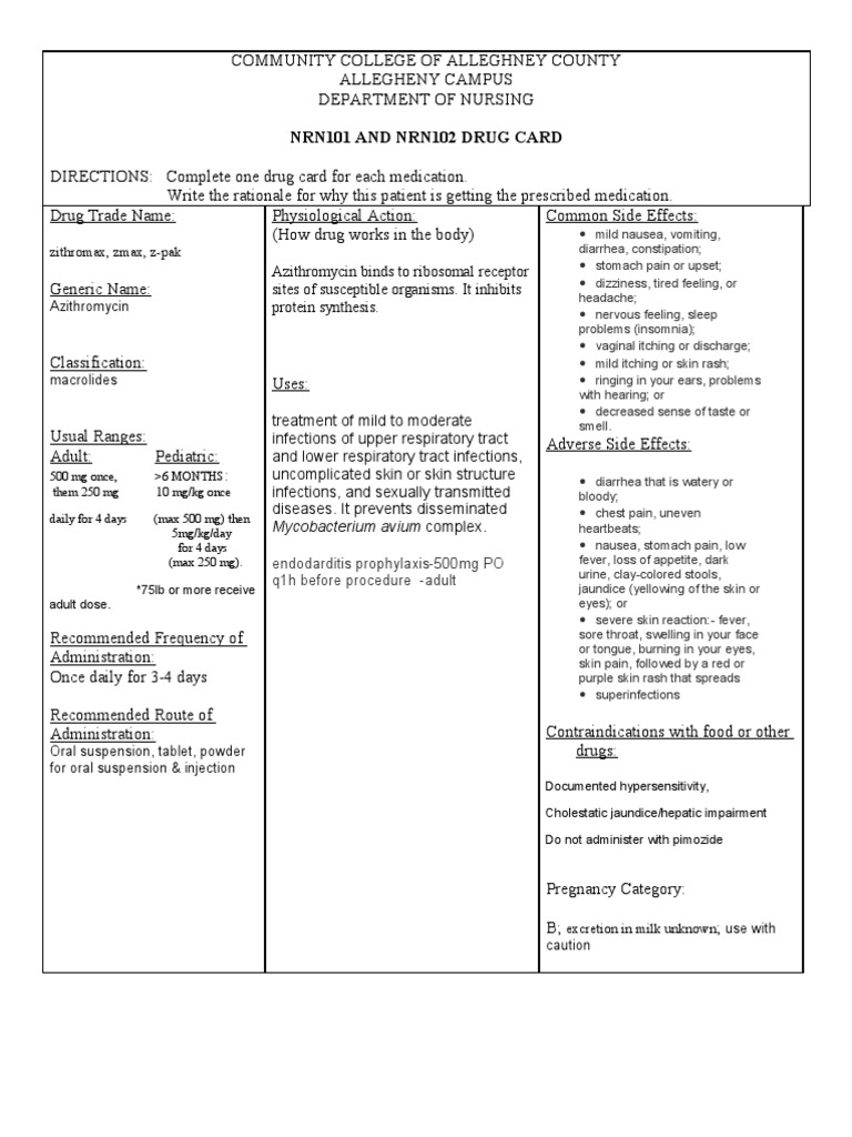 Nrn101 and Nrn102 Drug Card: Zithromax, Zmax, Z-Pak | PDF | Drugs ...
