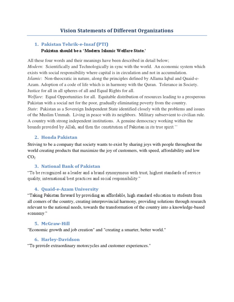 Vision Statements of Different Organizations | PDF