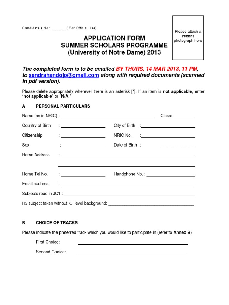 Notre Dame Summer Scholars Application | PDF | Schools | Further Education