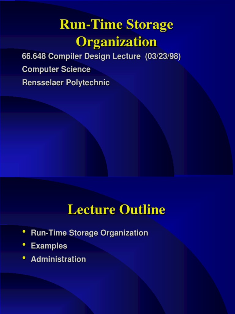 Run-Time Storage Organization: 66.648 Compiler Design Lecture (03/23/98) Computer Science ...
