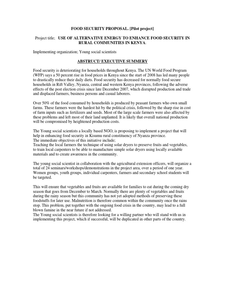 FOOD SECURITY PROPOSAL. (Pilot Project) | PDF | Food Security | Foods