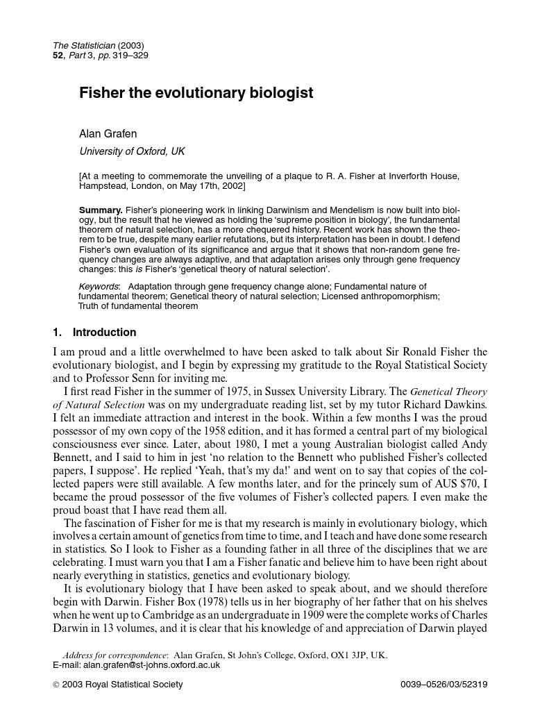 Fisher The Evolutionary Biologist | PDF | Natural Selection | Evolution