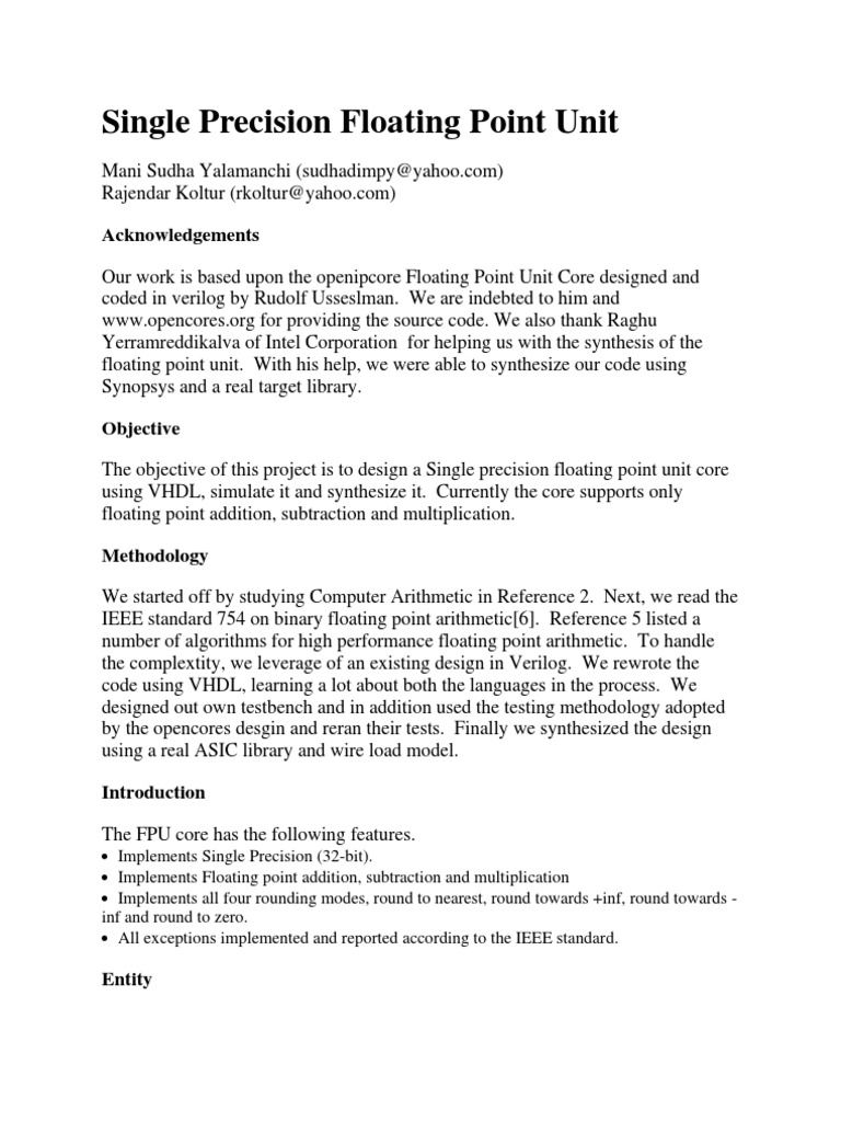 Single Precision Floating Point Unit | PDF | Vhdl | Hardware ...