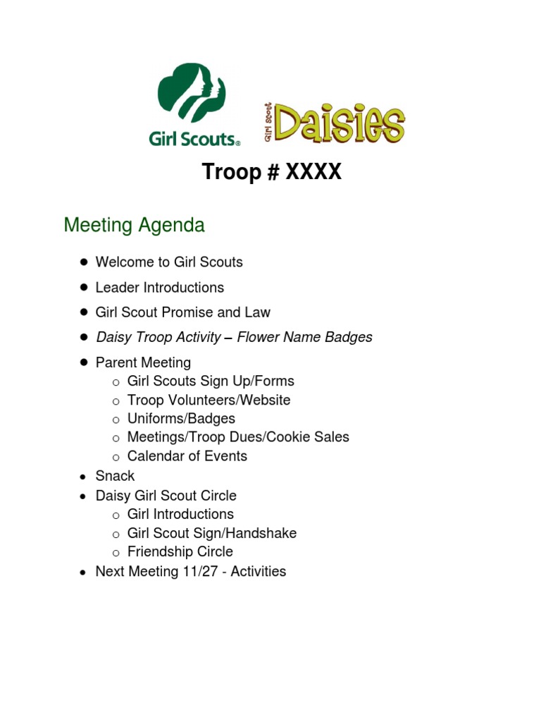 Girl Scout Troop Meeting Agenda | PDF | Scouting | Youth Organizations
