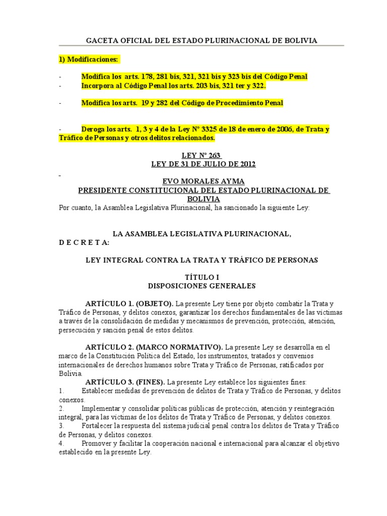 Ley #263 Integral Contra La Trata y Tráfico de Personas | PDF | Trata de personas | Delito