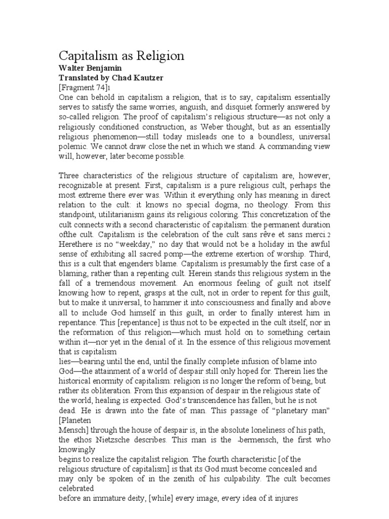 Capitalism As Religion Walter Benjamin | PDF | Translations | God