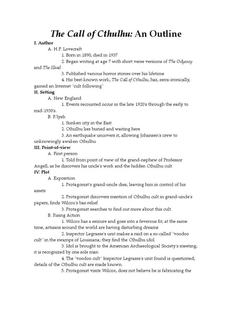 The Call of Cthulhu: a Basic Outline | H. P. Lovecraft | Cthulhu Mythos
