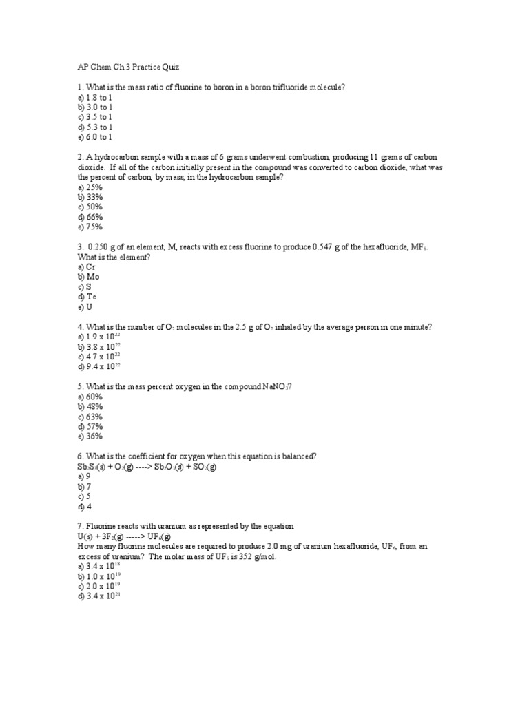 AP Chem CH 3 Practice QuizAP Chemistry Practice Test | Download Free ...