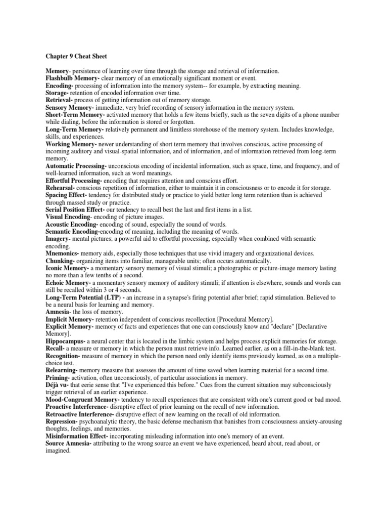 Chapter 9 Cheat Sheet | PDF | Memory | Recall (Memory)