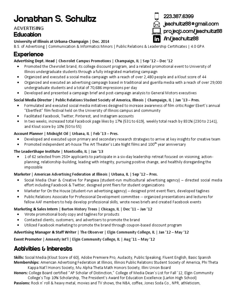 Jonathan Schultz Resume | PDF | University Of Illinois At Urbana–Champaign | Advertising