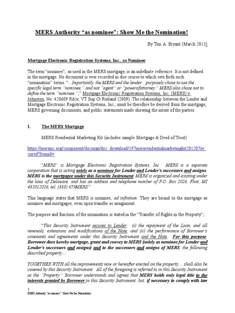 MERS - Show Me The Nomination !!! | PDF | Mortgage Law | Security Interest
