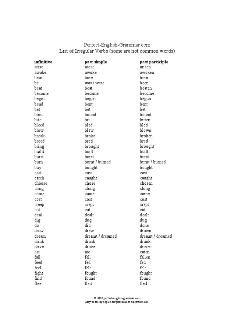 All Irregular Verbs List | PDF