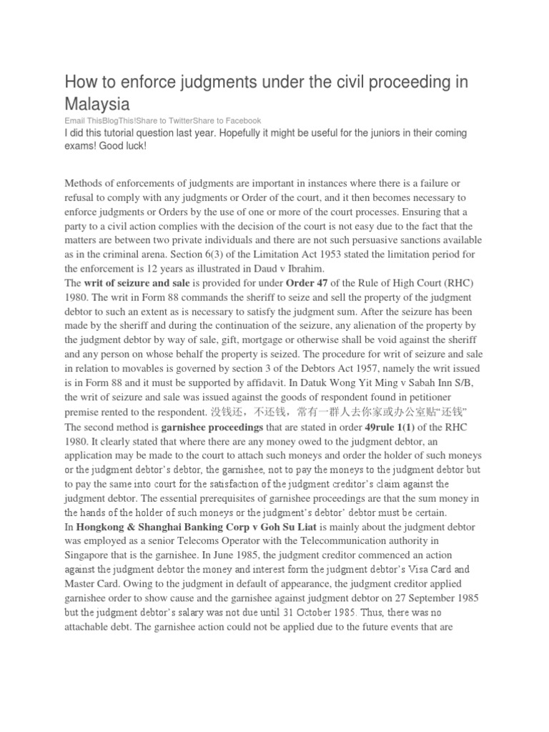 How To Enforce Judgments Under The Civil Proceeding in Malaysia | PDF ...
