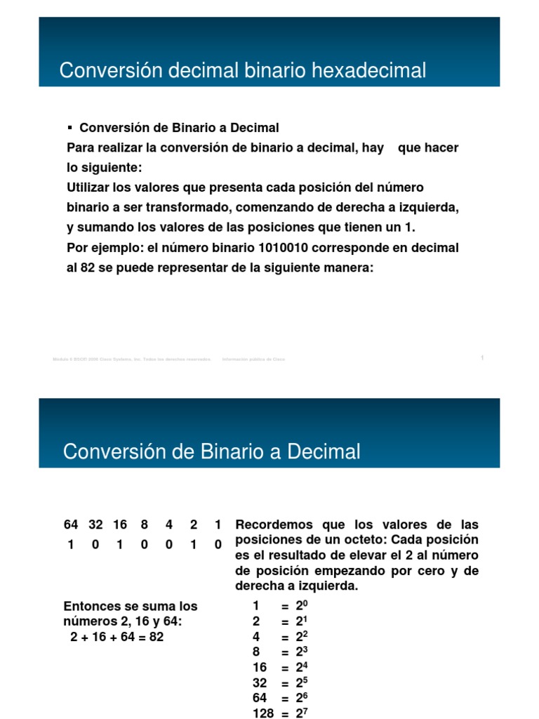 Conversión Decimal Binario Hexadecimal | PDF | Decimal | Aritmética