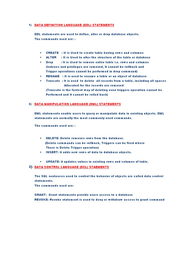 Data Definition Language (DDL) Statements | PDF | Relational Database | Sql