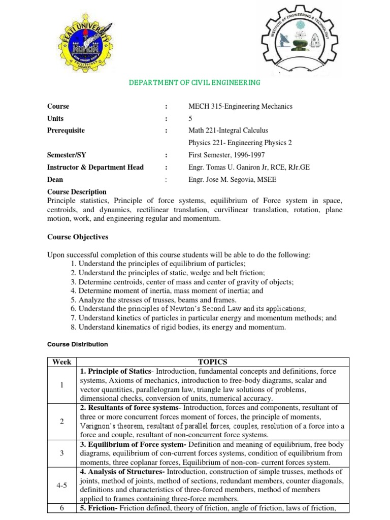 Mech 315-Engineering Mechanics Syllabus | PDF | Force | Kinematics