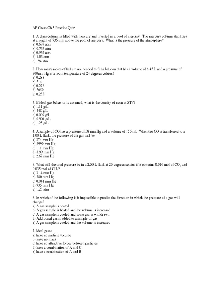 AP Chem CH 5 Practice Quiz | PDF | Gases | Oxygen