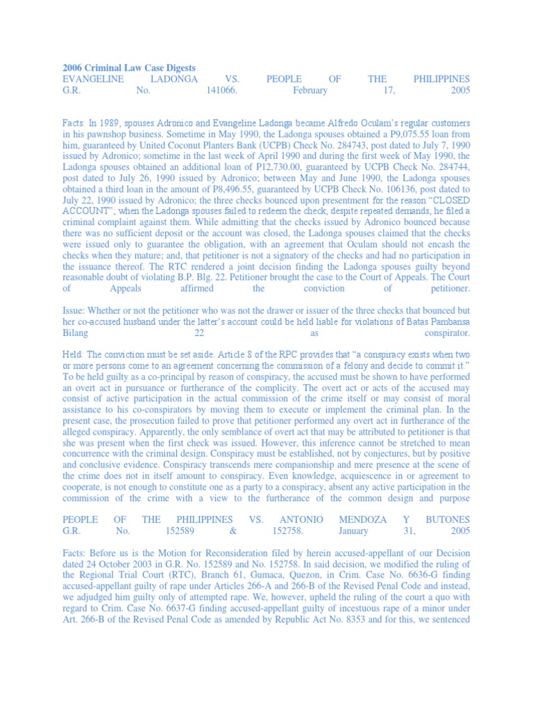 Criminal Law Case Digests | PDF | Conspiracy (Criminal) | Defamation