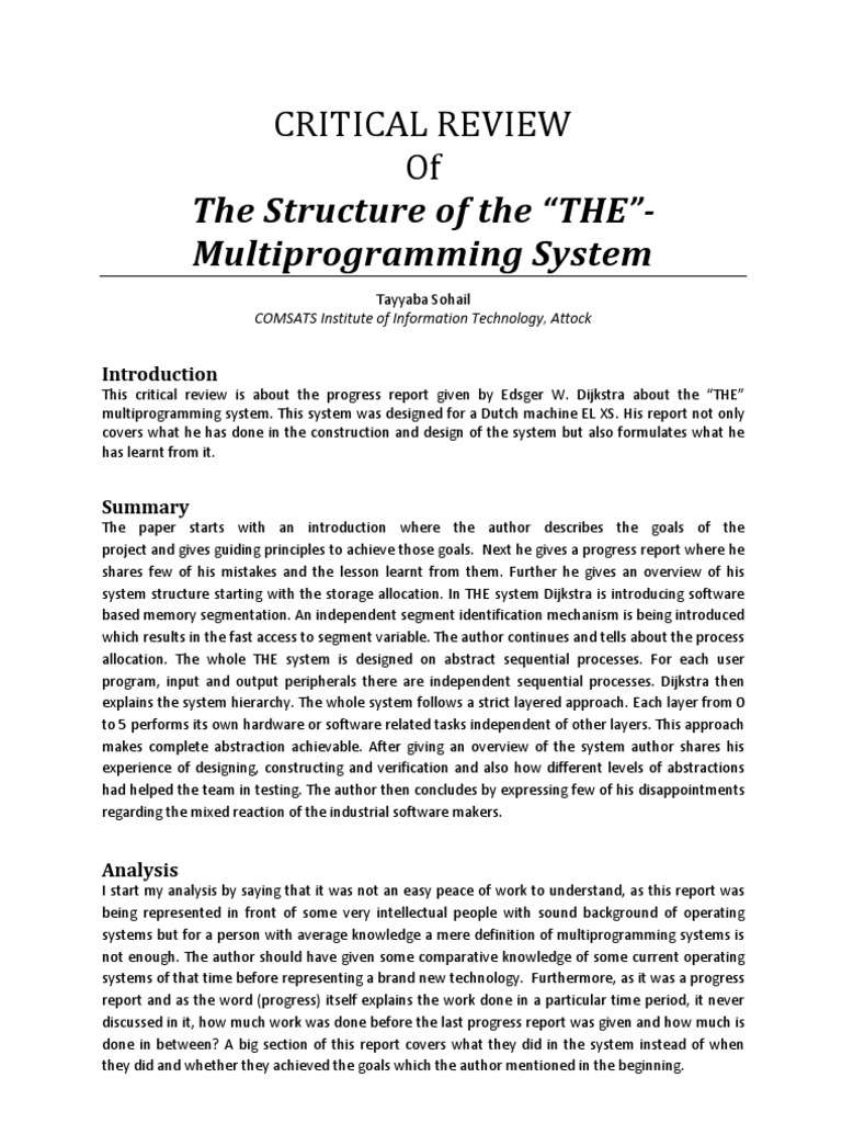 CRITICAL REVIEW of The Structure of The "THE"-Multiprogramming System ...