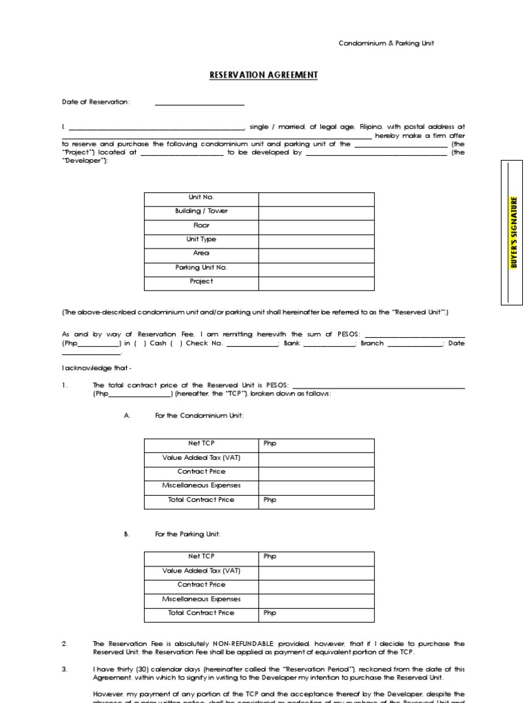 4. Reservation Agreement(1) | Exchange Rate | Payments