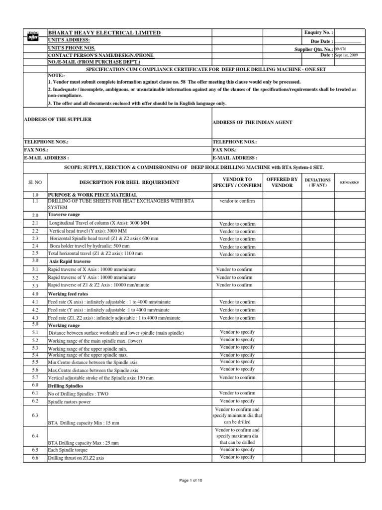 BHEL Drilling Machine Specs | PDF