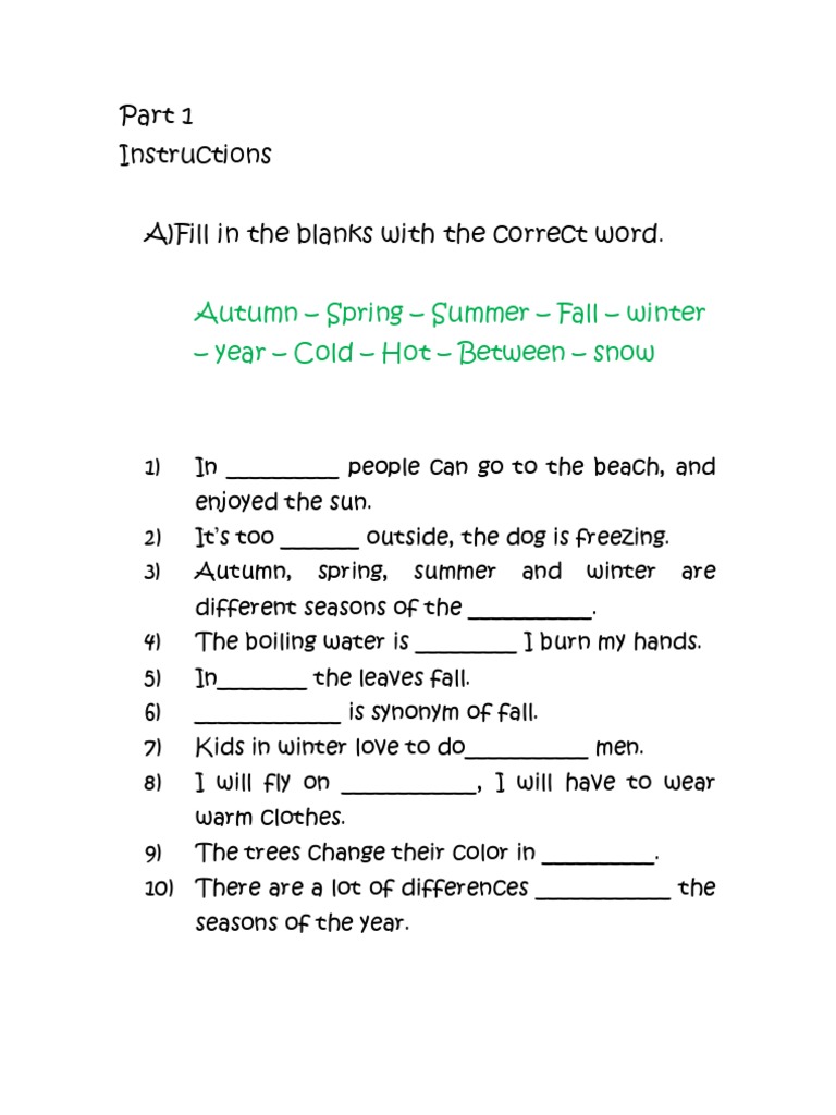Seasonal Vocabulary Fill-in-the-Blanks | PDF