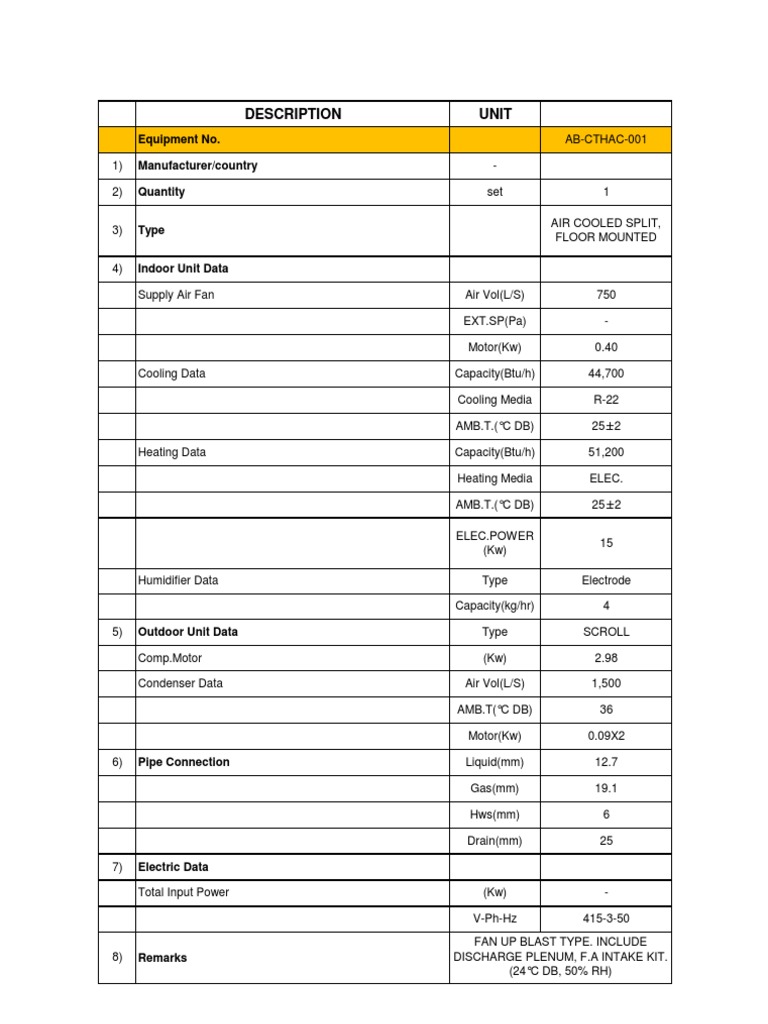Air Cooled Split AC Specifications | PDF