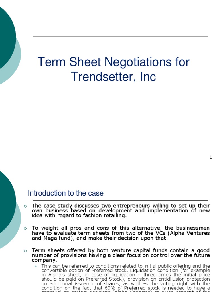 Term Sheet Negotiations For Trendsetter Inc Pdf Preferred Stock