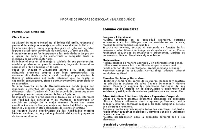 Informe Progreso Sala 3 Años | PDF | Cognición | Ciencia cognitiva