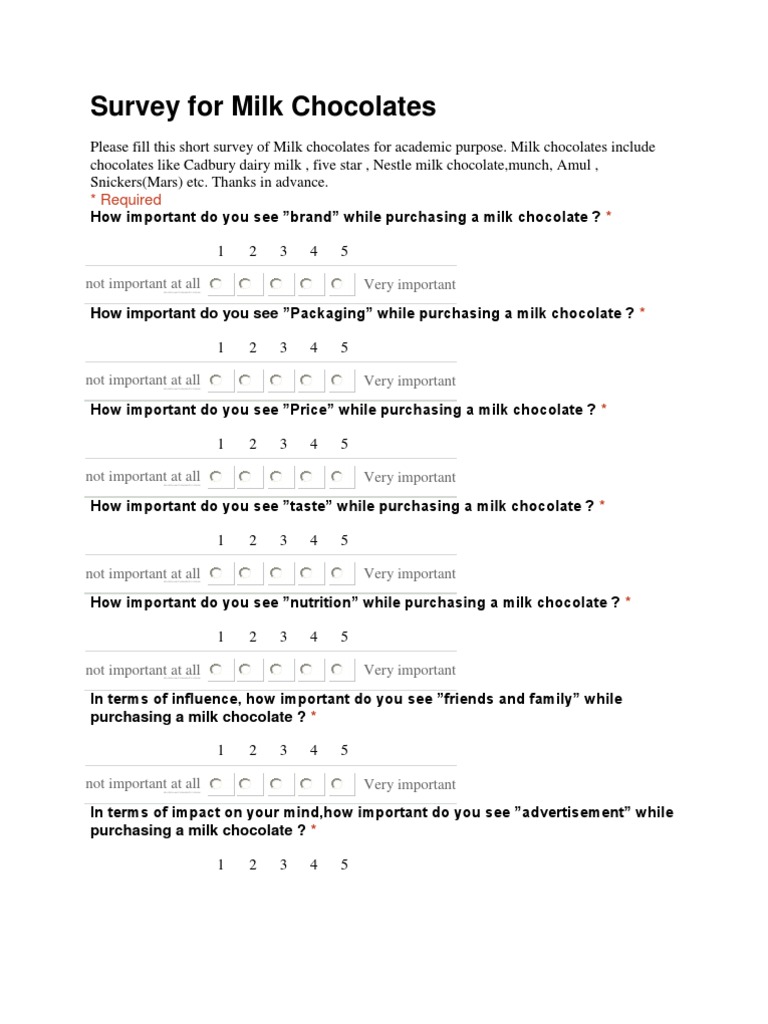 Survey For Milk Chocolates: Required | PDF | Chocolate | Business