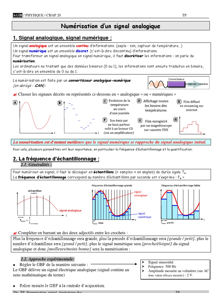 1 TP Numerisation Signal Analogique-2 | Signal électrique | Analogique