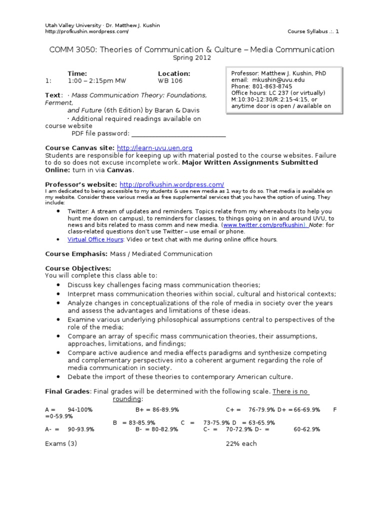 COMM 3050: Mass Communication Theory Syllabus | PDF | Syllabus | Test ...