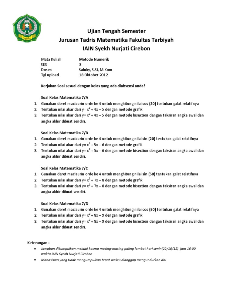 Soal UTS Metode Numerik | PDF | Metode & Bahan Ajar | Komputer