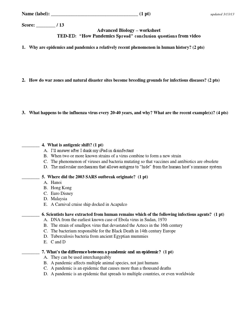 Name (Label) : - (1 PT) Score: - / 13 Advanced Biology - Worksheet TED ...