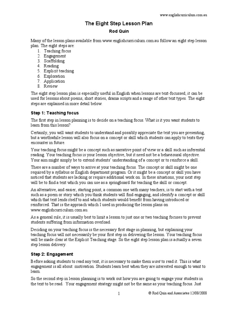 The Eight Step Lesson Plan | Download Free PDF | Lesson Plan | Reading ...