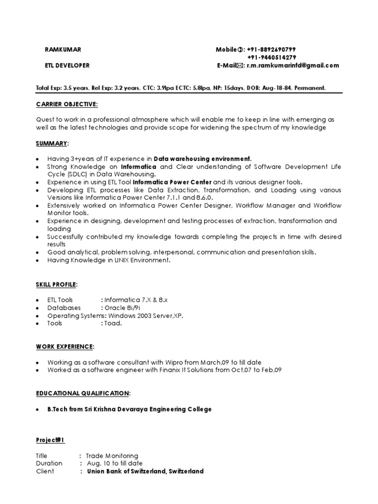 Ramkumar Informatica Etl Resume | PDF | Oracle Database | Supply Chain